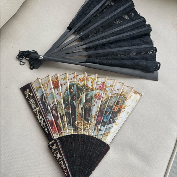 Accessories | Elegant Black Lace And Vintage Print Hand Fans | Poshmark